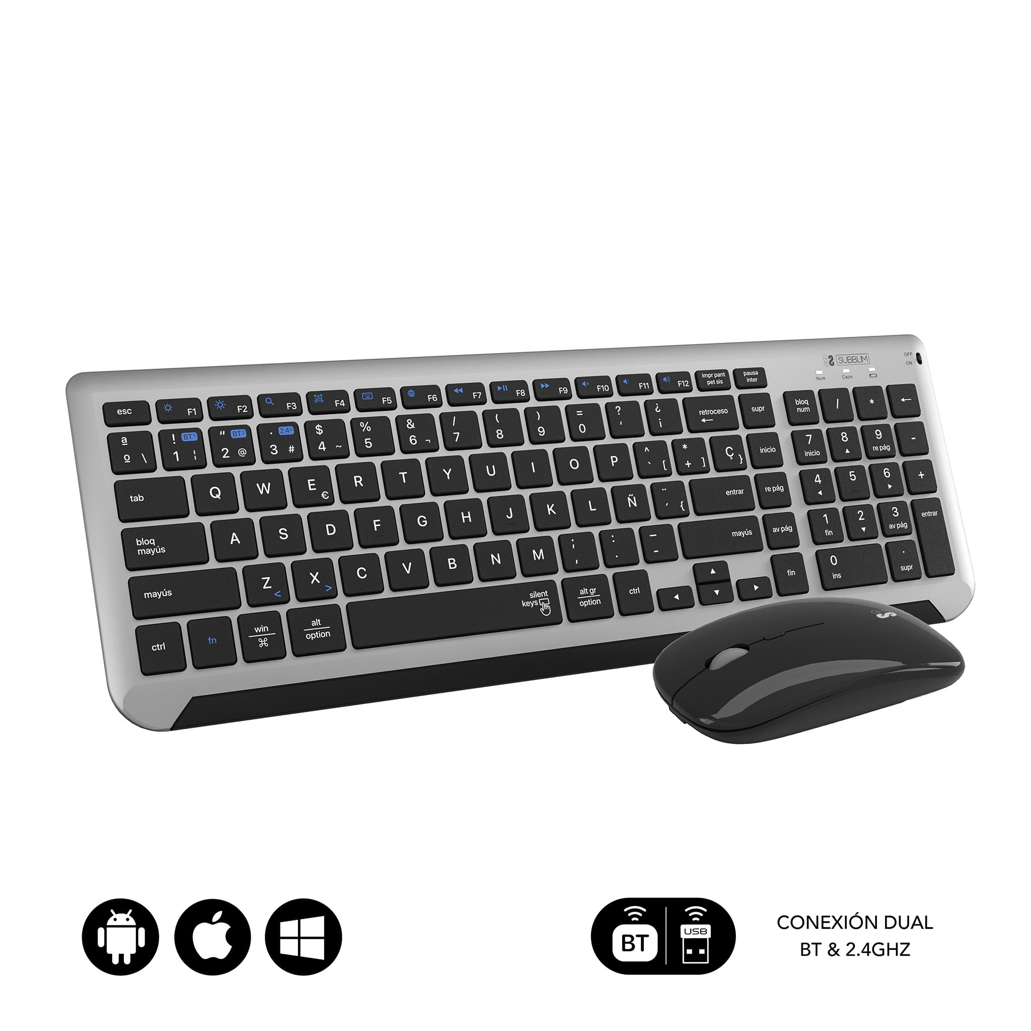 TECLADO CON RATON BLUETOOTH + 2.4G COMBO DUAL PRESTIGE EXTENDIDO GRIS ...