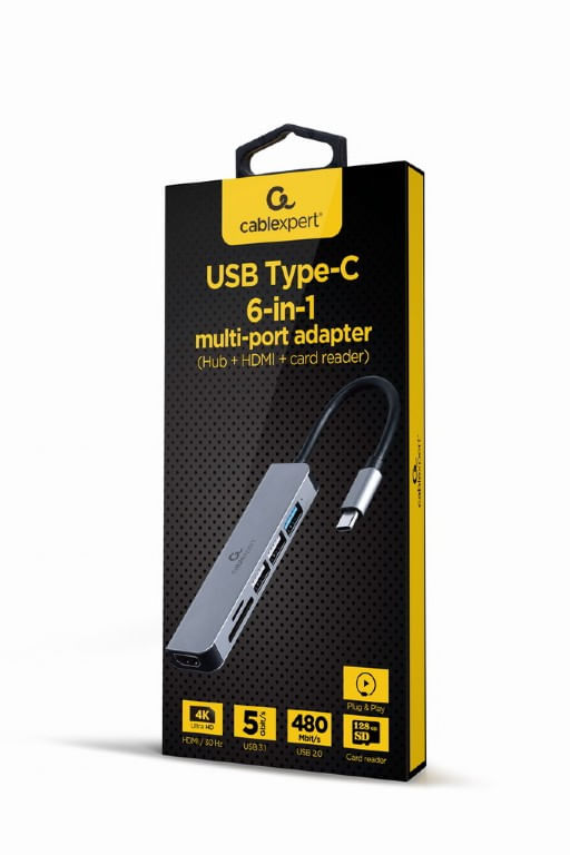 ADAPTADOR MULTIPUERTO USB TIPO-C 6 EN 1 HUB HDMI LECTOR DE TARJETAS - PCBox